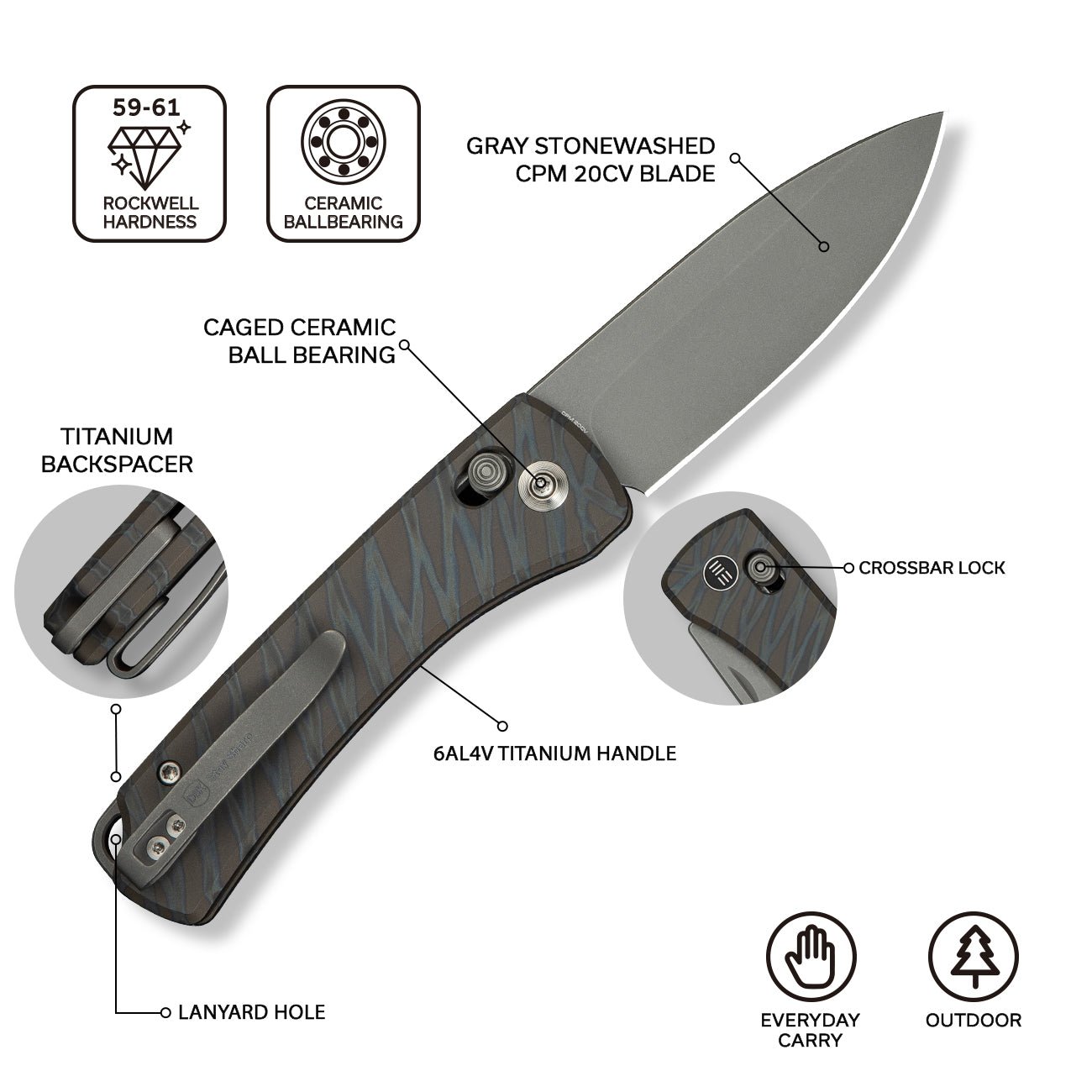 WEKNIFE Nightblade Crossbar Lock Knife Titanium Handle (2.98" CPM 20CV ...